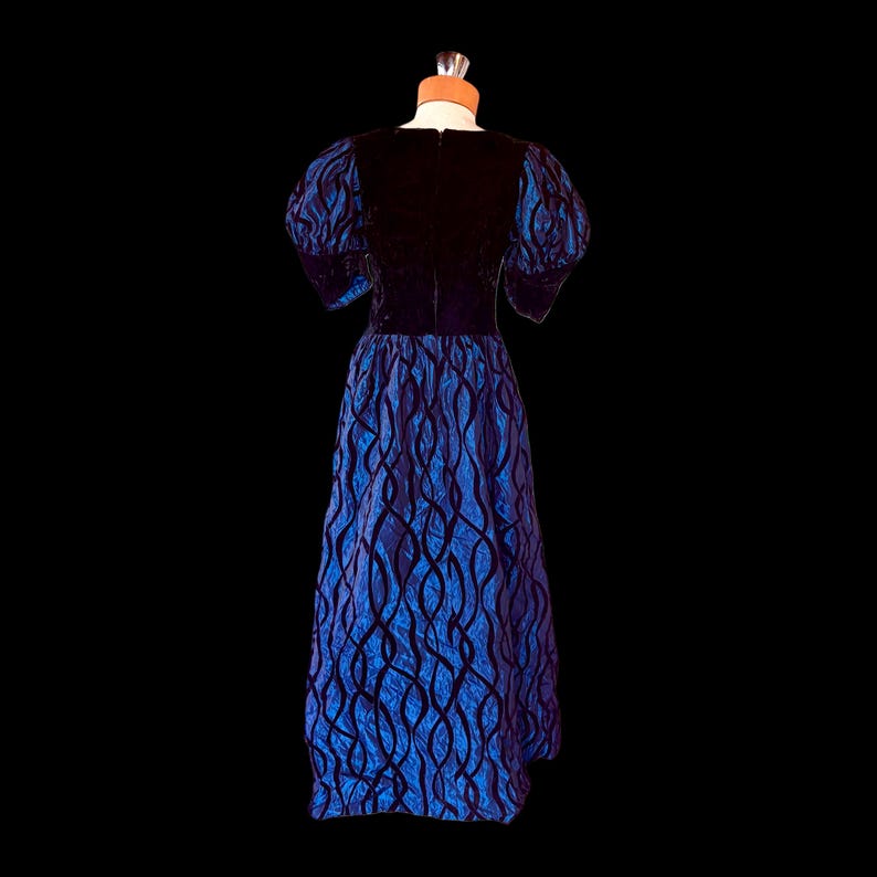 Vintage 1980s Blue Taffeta & Black Velvet Puff Sleeve Basque Waist Maxi ...