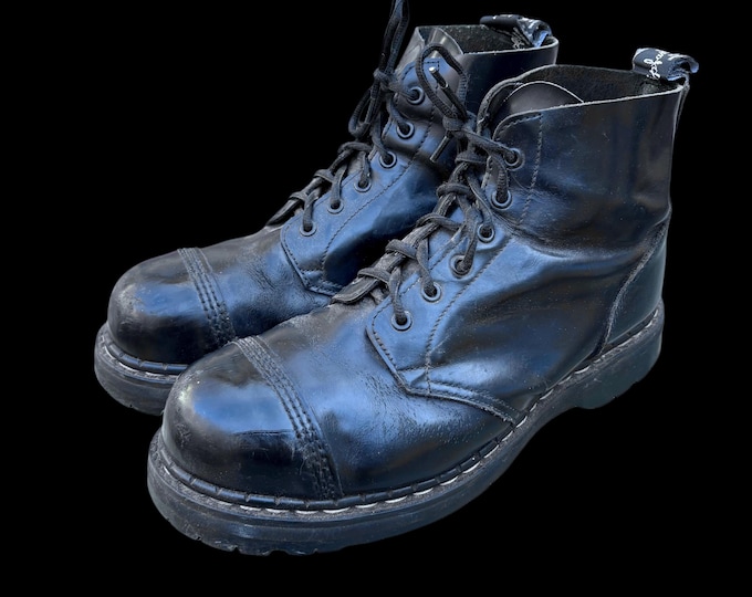 Vintage Gripfast Steel Toe Combat Boots: Black Leather, Made in England ...
