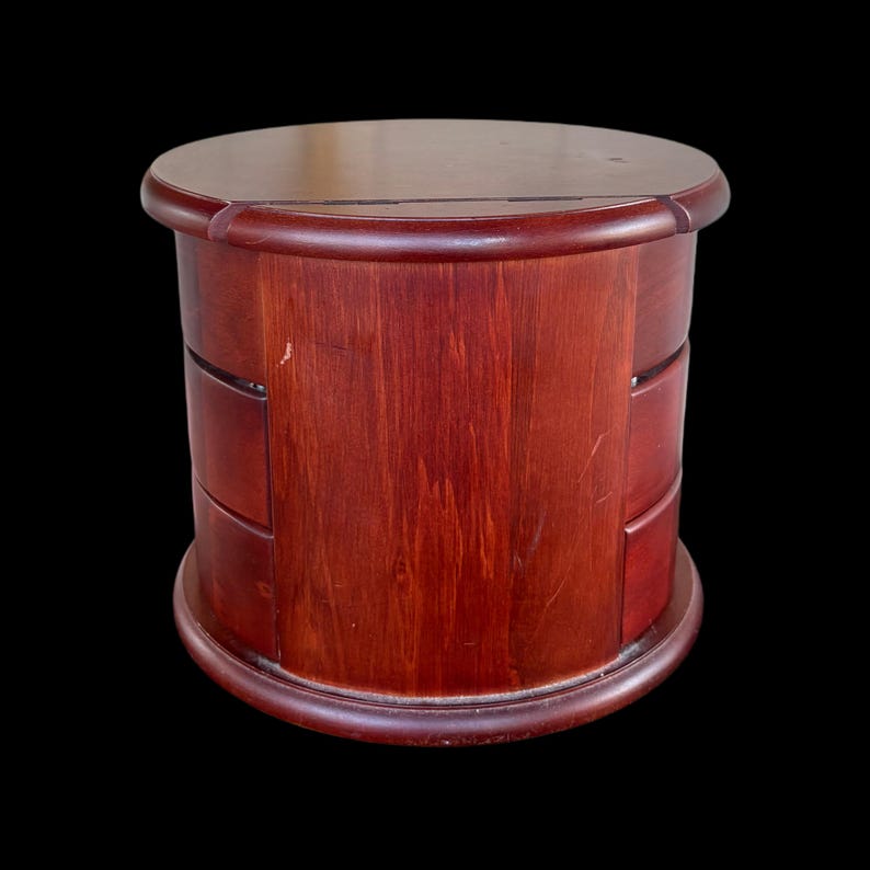 Vintage Mele Burl Wood Round Circular Six Drawer Jewelry Box With Ring ...