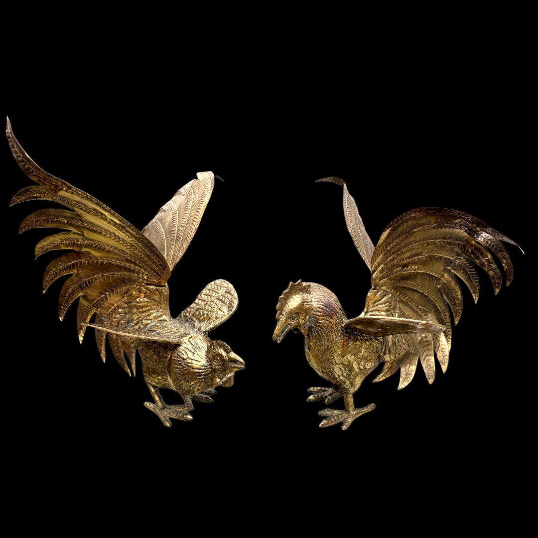 Pair of Vintage Brass Fighting Roosters Cocks Chickens Heavy Mid ...