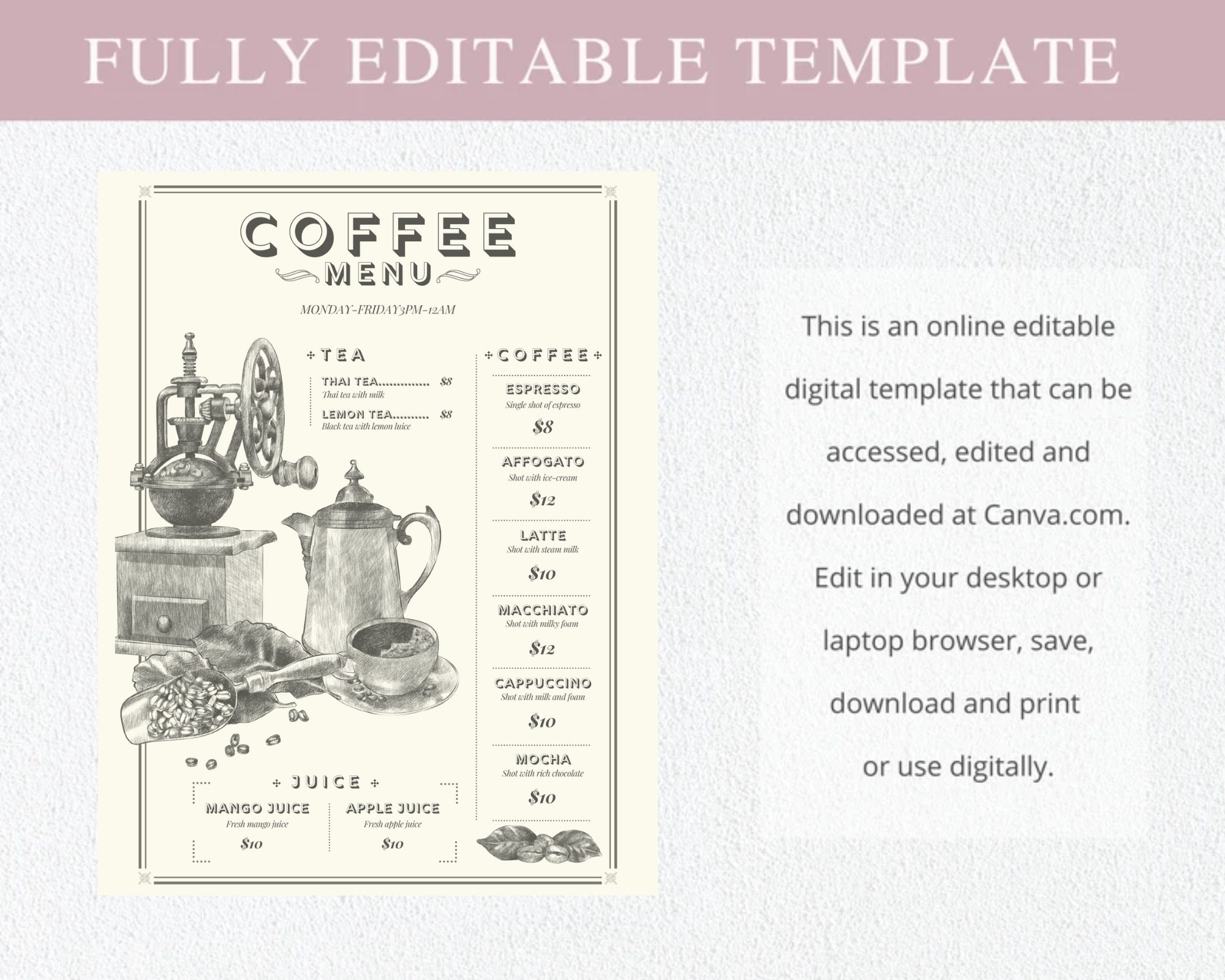 Retro Coffee Shop Menu, Editable Coffee Menu Template, Coffee Bar Sign ...