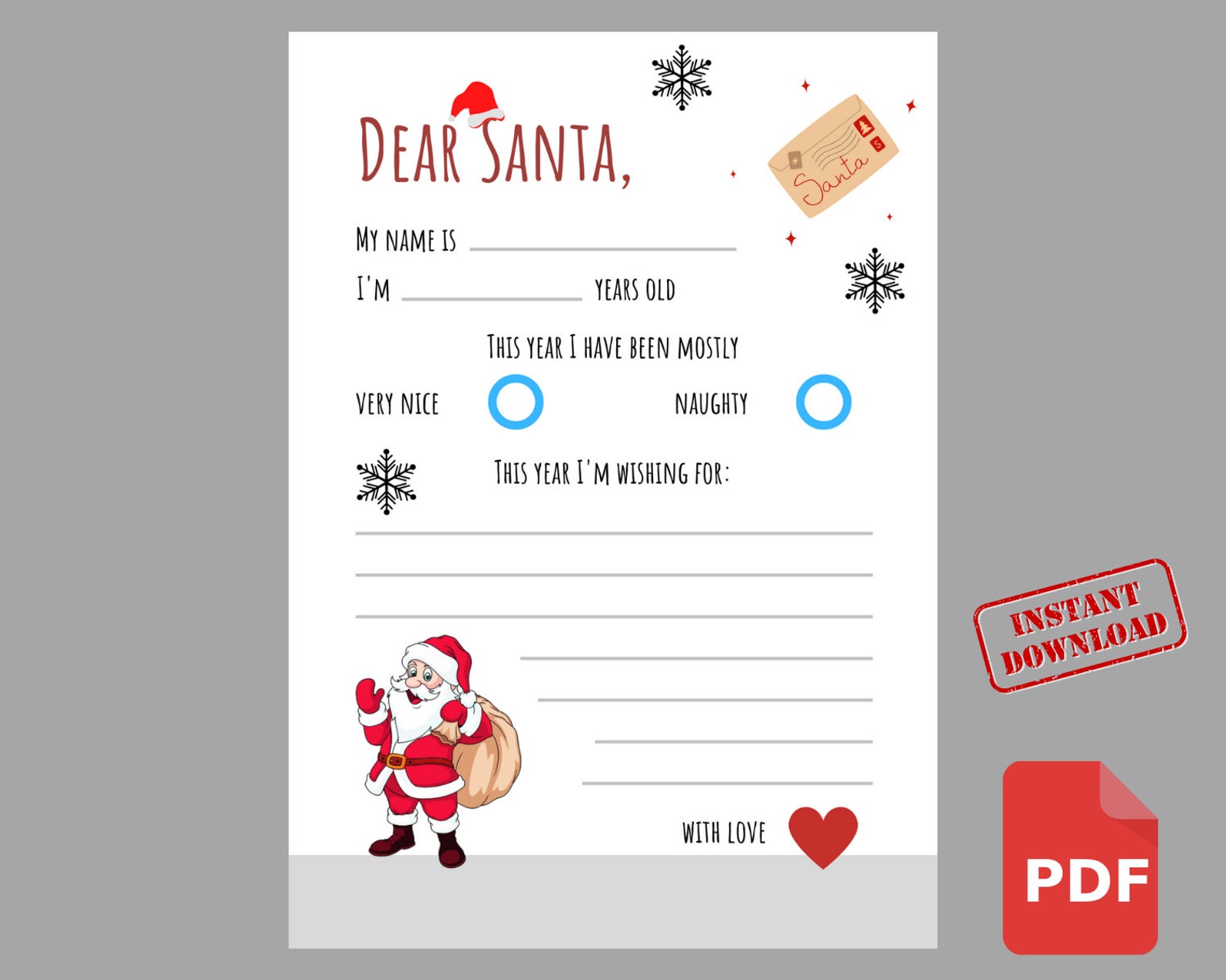 Dear Santa Letter, Instant Download, Letter to Santa Template, Cute ...