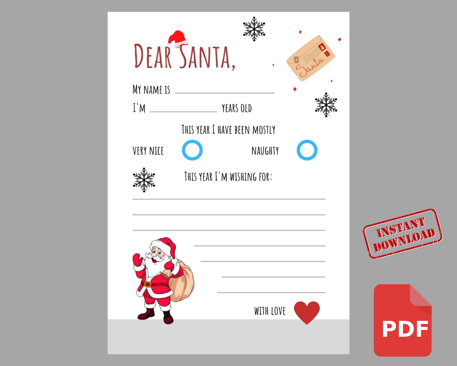 Dear Santa Letter, Instant Download, Letter to Santa Template, Cute ...