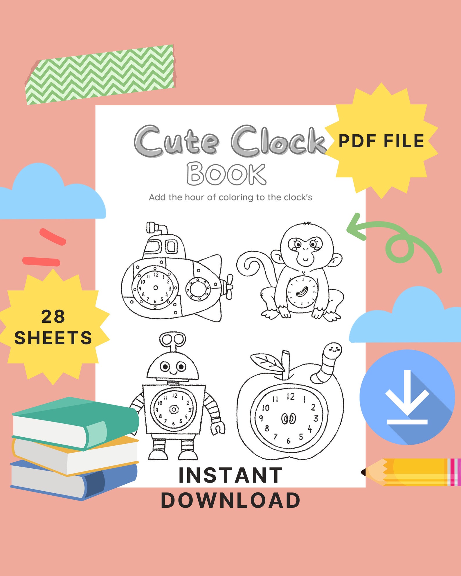 Printable Clock Book Worksheet Coloring for Kinderkargen, Preschool ...