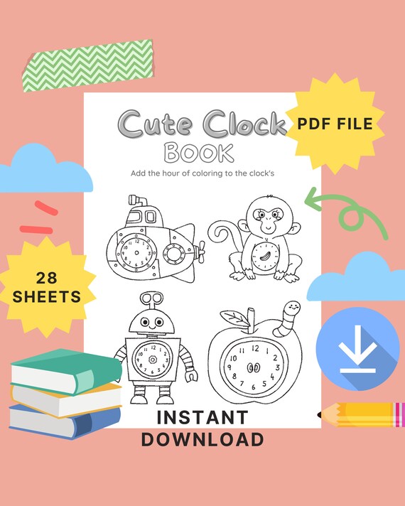 Printable Clock Book Worksheet Coloring for Kinderkargen | Etsy