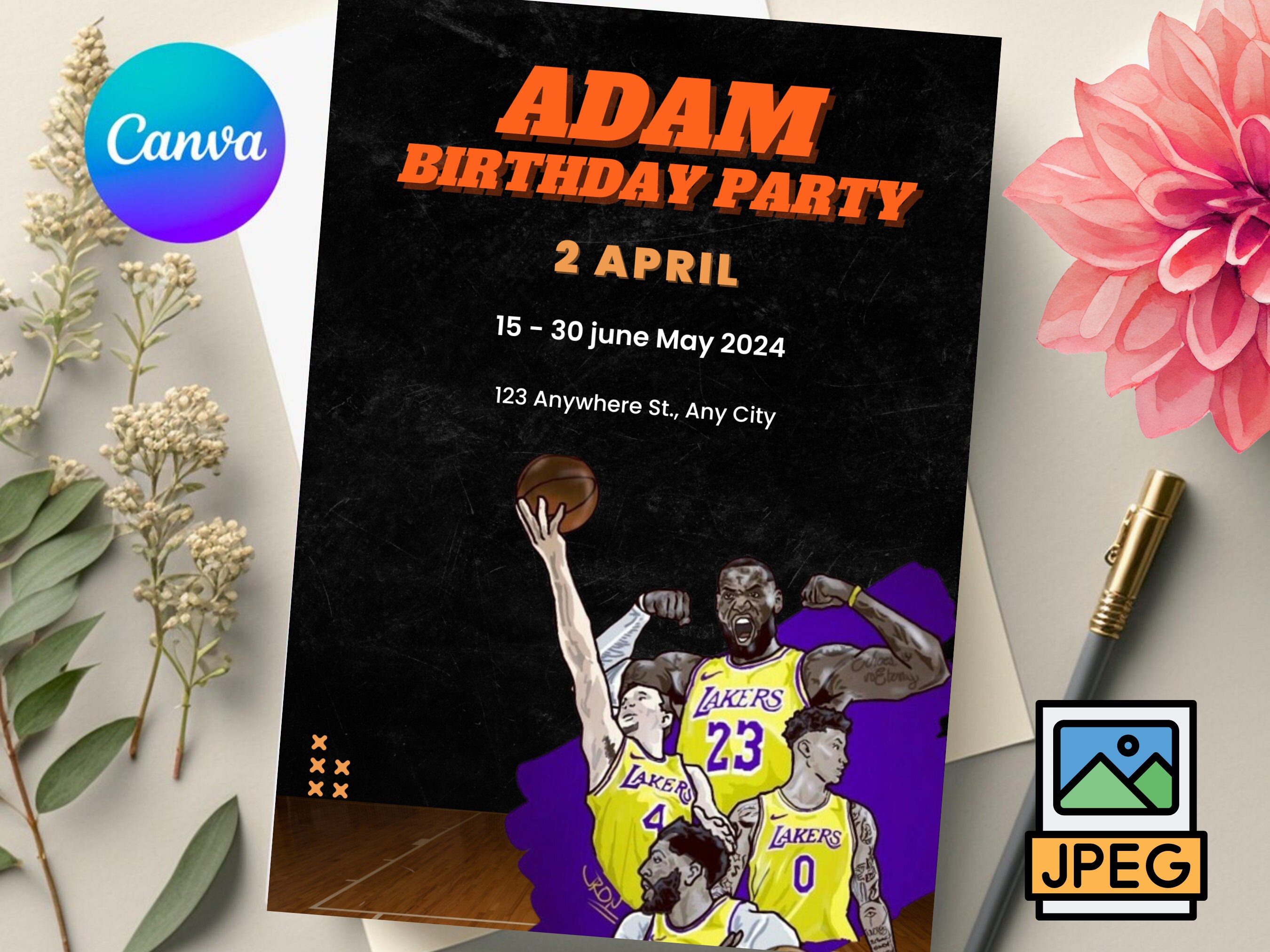 Editable Birthday Invitation NBA Basketball Lakers, Colorful Watercolor ...