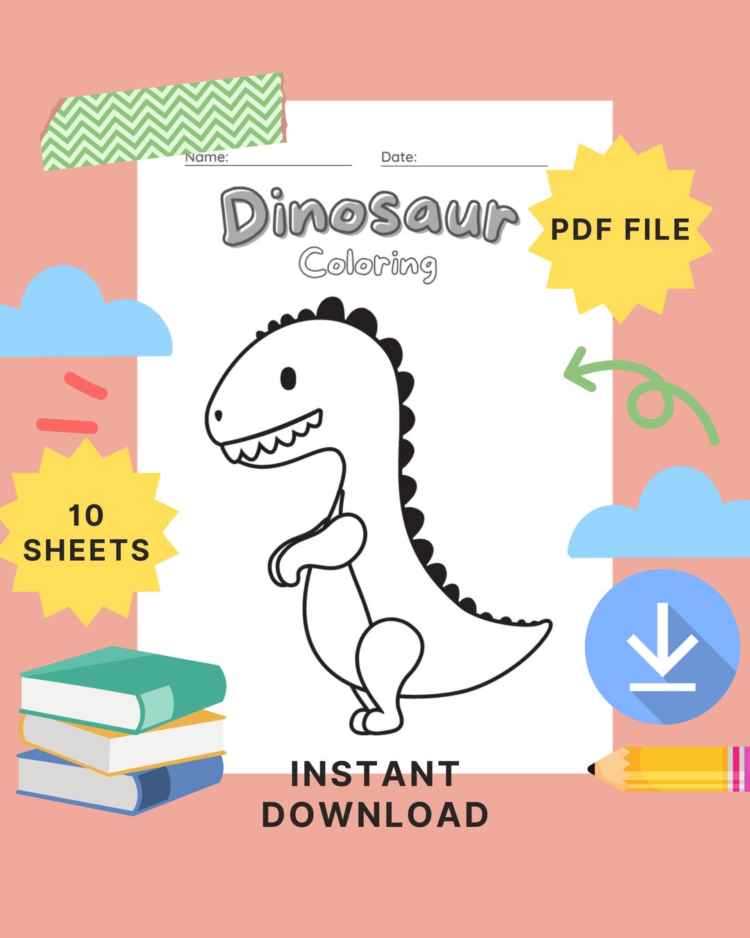 Printable Dinosaurs Book Worksheet Coloring for Kinderkargen, Preschool ...