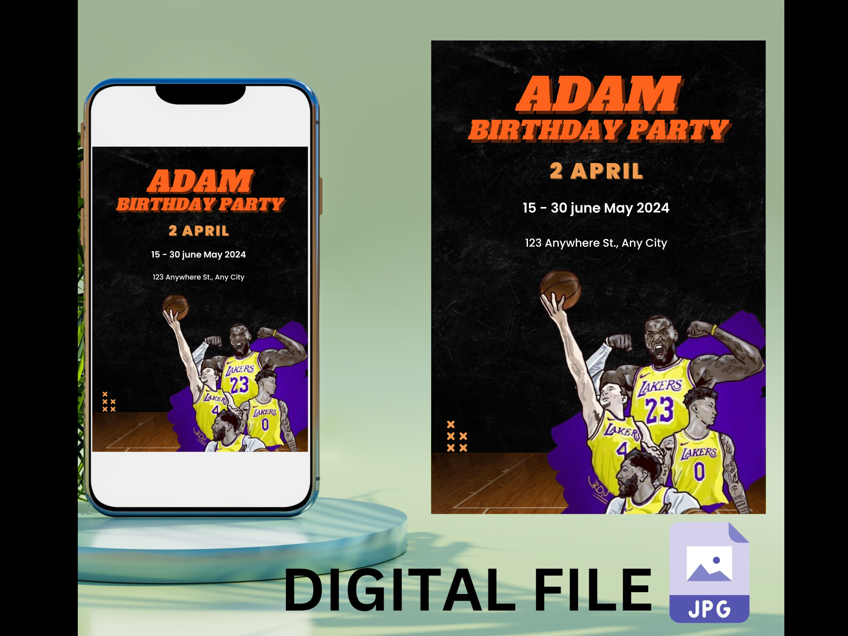 Editable Birthday Invitation NBA Basketball Lakers, Colorful Watercolor ...
