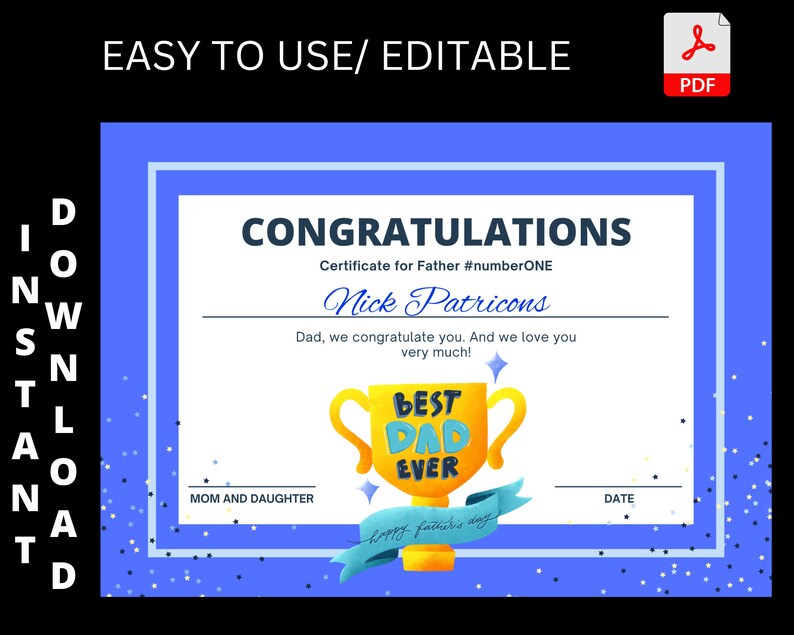 Best DAD Ever Award Certificate Printable Diploma Editable - Etsy