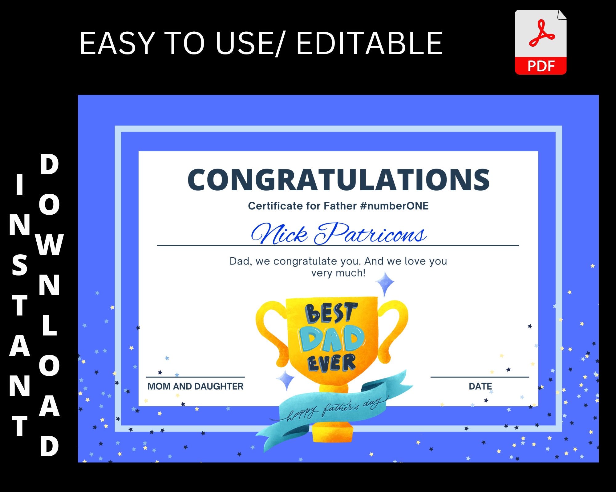 Best DAD Ever Award Certificate Printable Diploma Editable School Kids ...