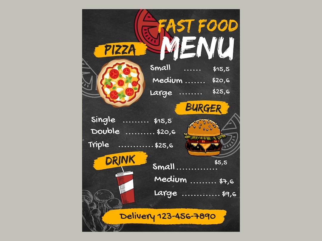 Pizza Fast Food Bar Minimalist Shop Menu, Editable Fast Food Menu ...
