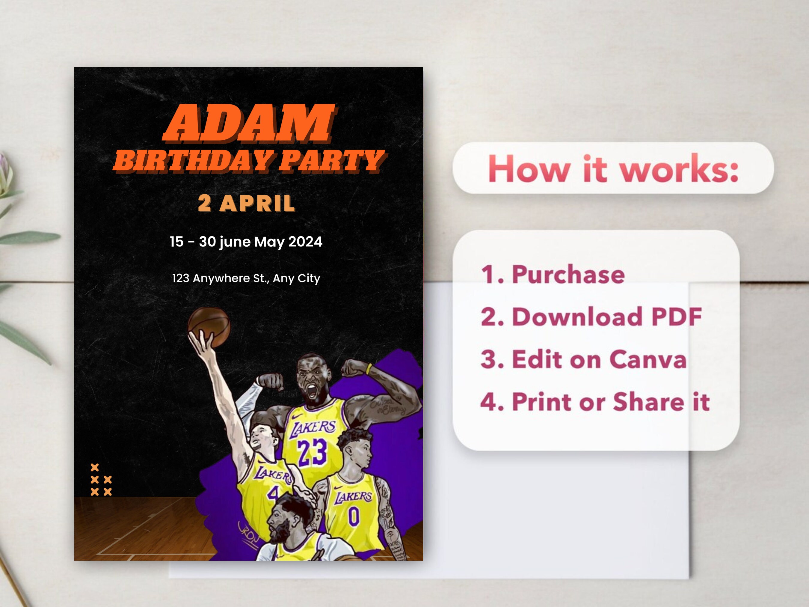 Editable Birthday Invitation NBA Basketball Lakers, Colorful Watercolor ...