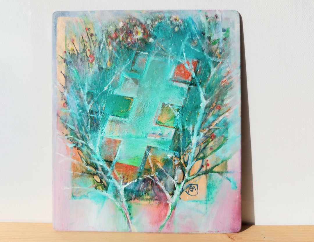 Oil Painting on Plywood, Baltic Symbols, Vytis Cross, Wild Flowers ...