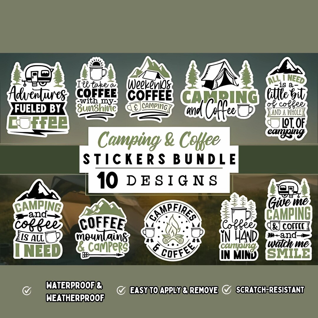 Camping & Coffee Vinyl Stickers. Funny Outdoorsy Die-cut Sticker Pack ...
