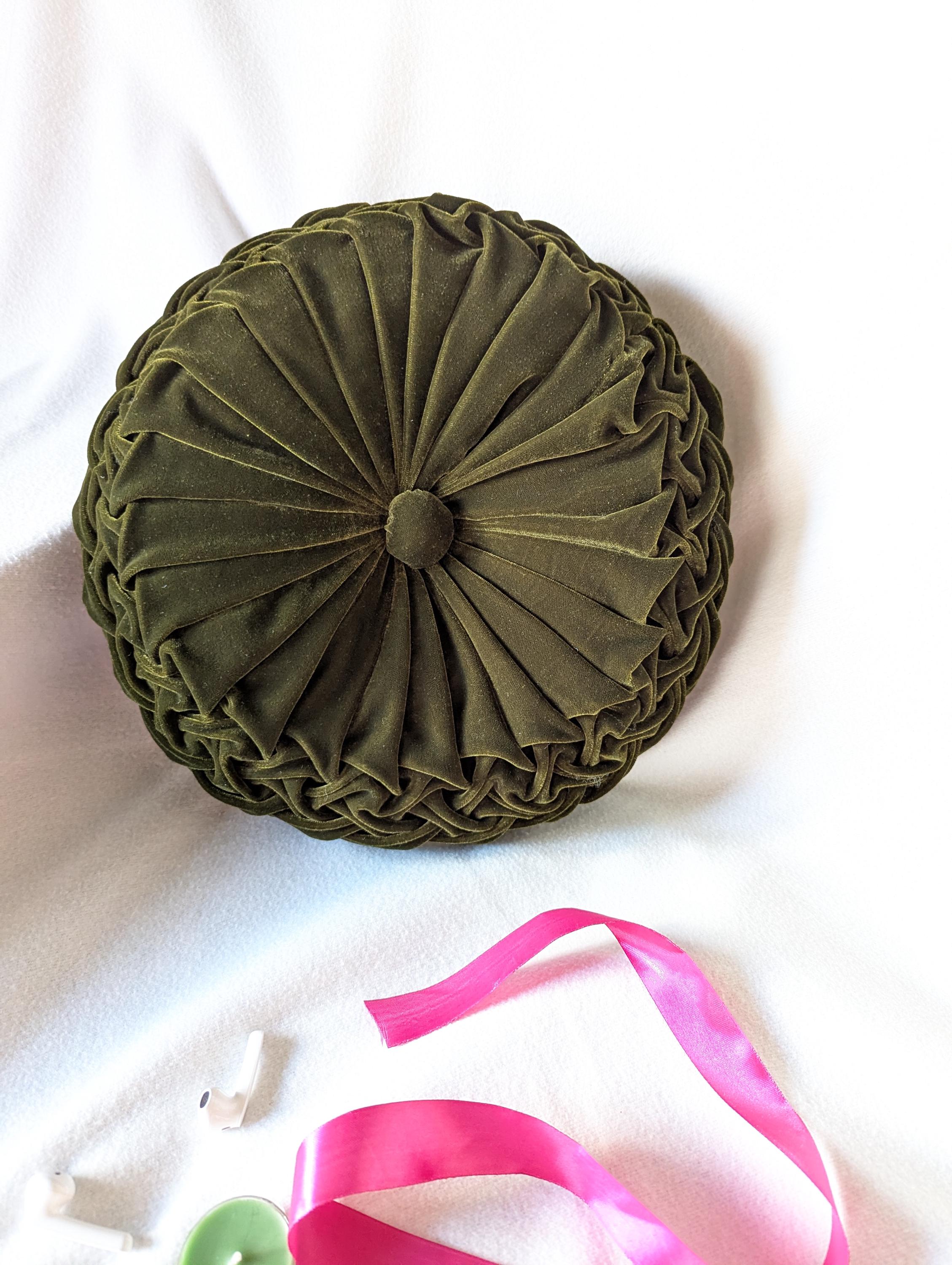 Handmade Green Velvet Round Pillow, Smocked Throw Pillow, Decorative ...