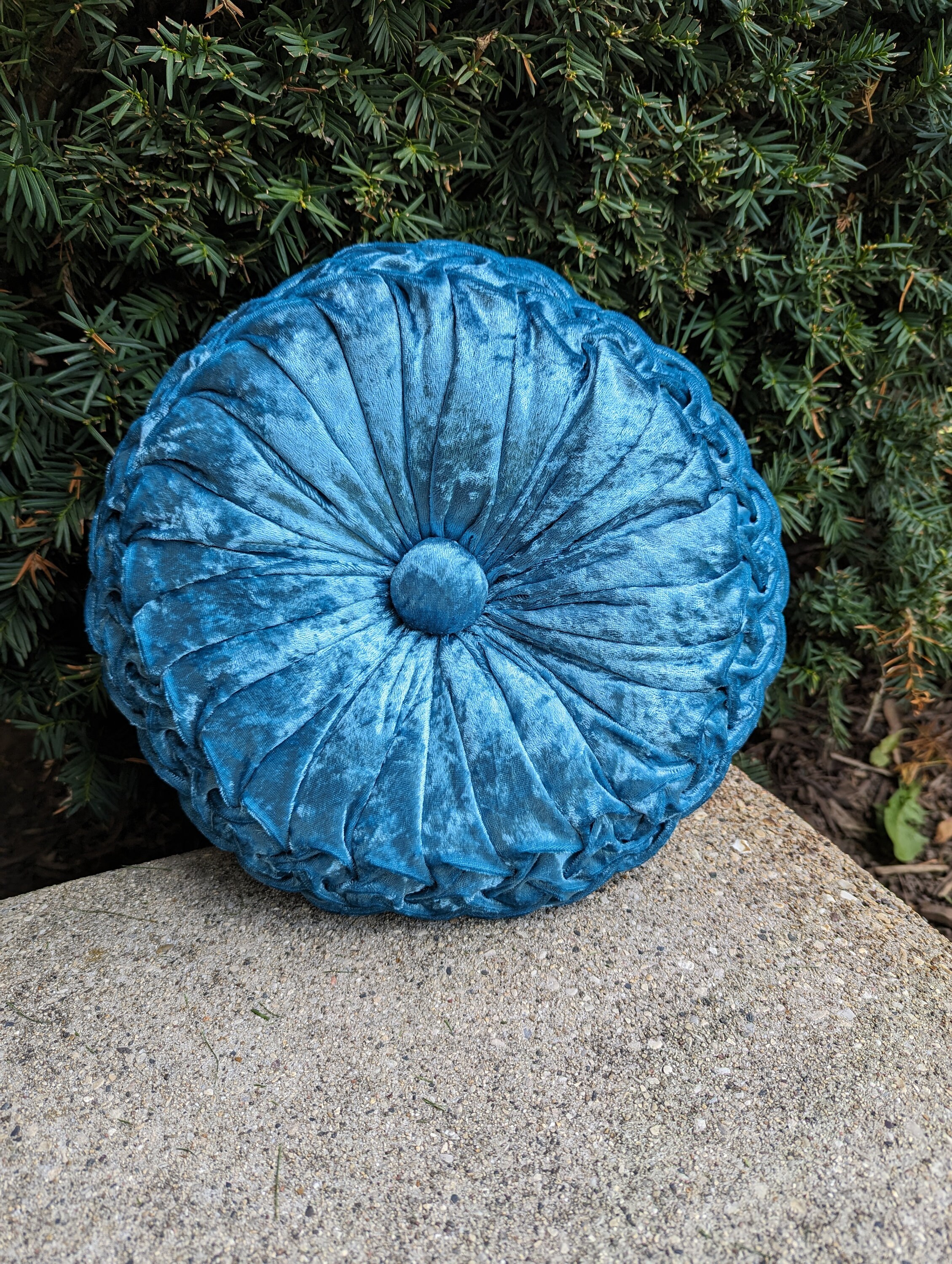 Handmade Light Turquoise Velvet Pillow, Smocked Round Cushion, Round ...