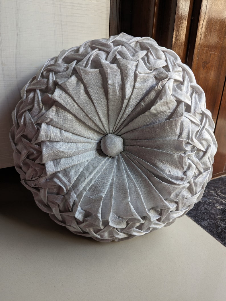 Silver Round Pillow, Pintuck Pillow, Art Deco Accent, Canadian Smocking ...