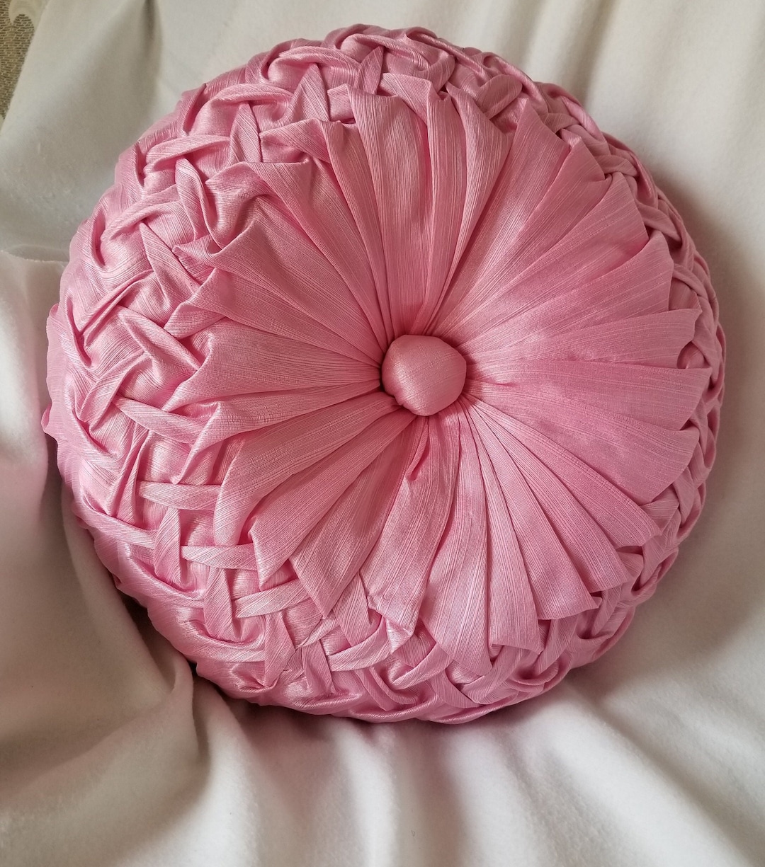 Handmade Baby Pink Satin Pillow, Smocked Round Cushion, Home Decor ...