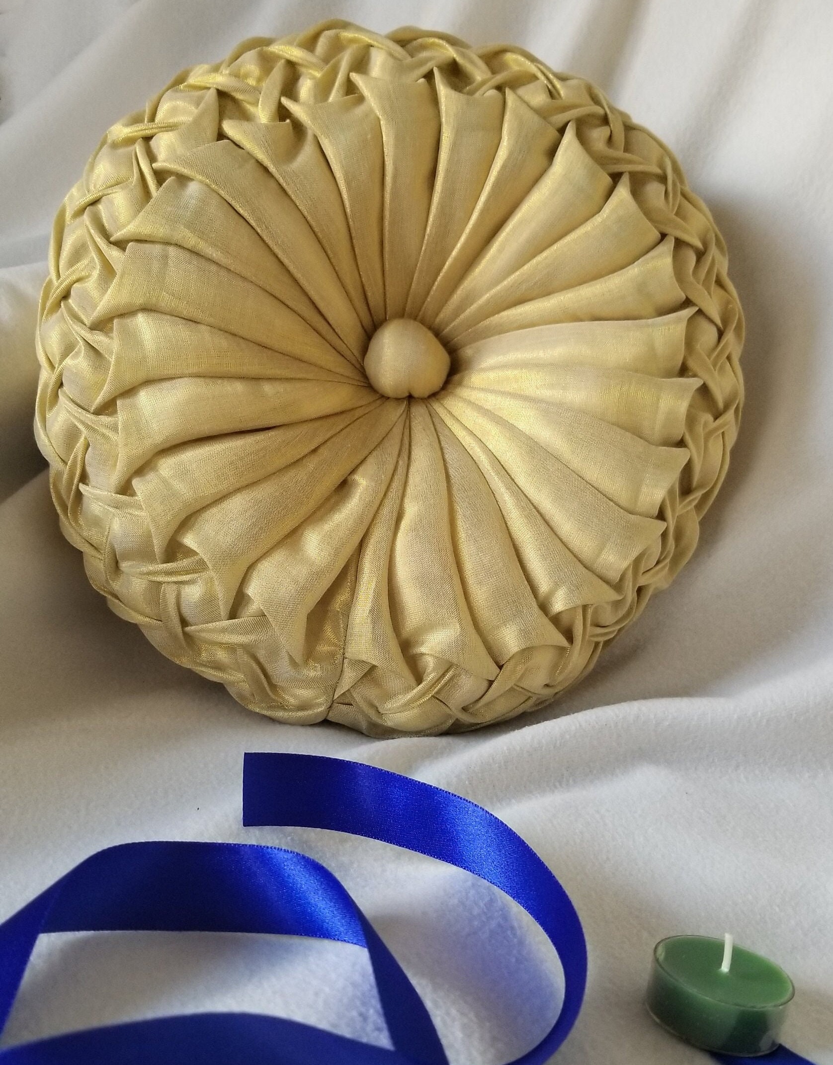 Yellow Gold Round Pillow, Canadian Smocking Cushion, Pintuck Cushion ...