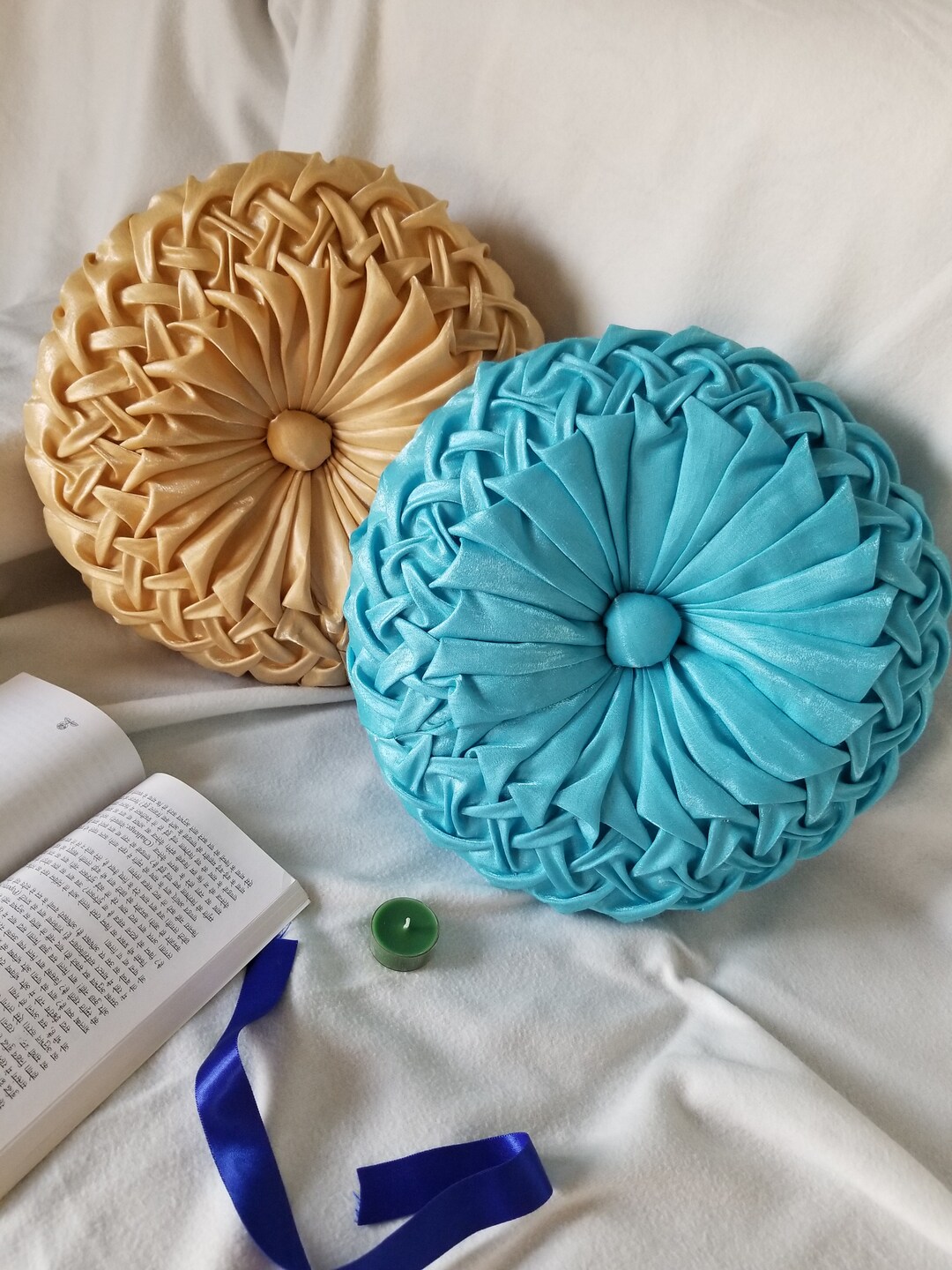 Handmade Satin Smocked Pillow: Cream & Sky-blue Accent Cushion - Etsy