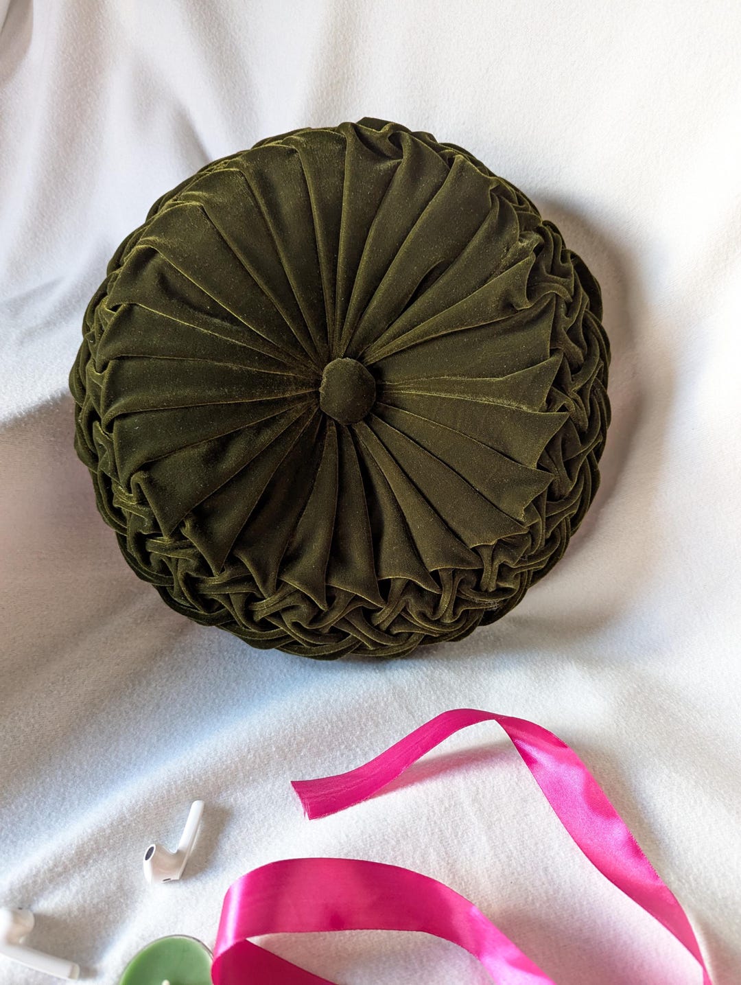 Handmade Green Velvet Round Pillow, Smocked Throw Pillow, Decorative ...