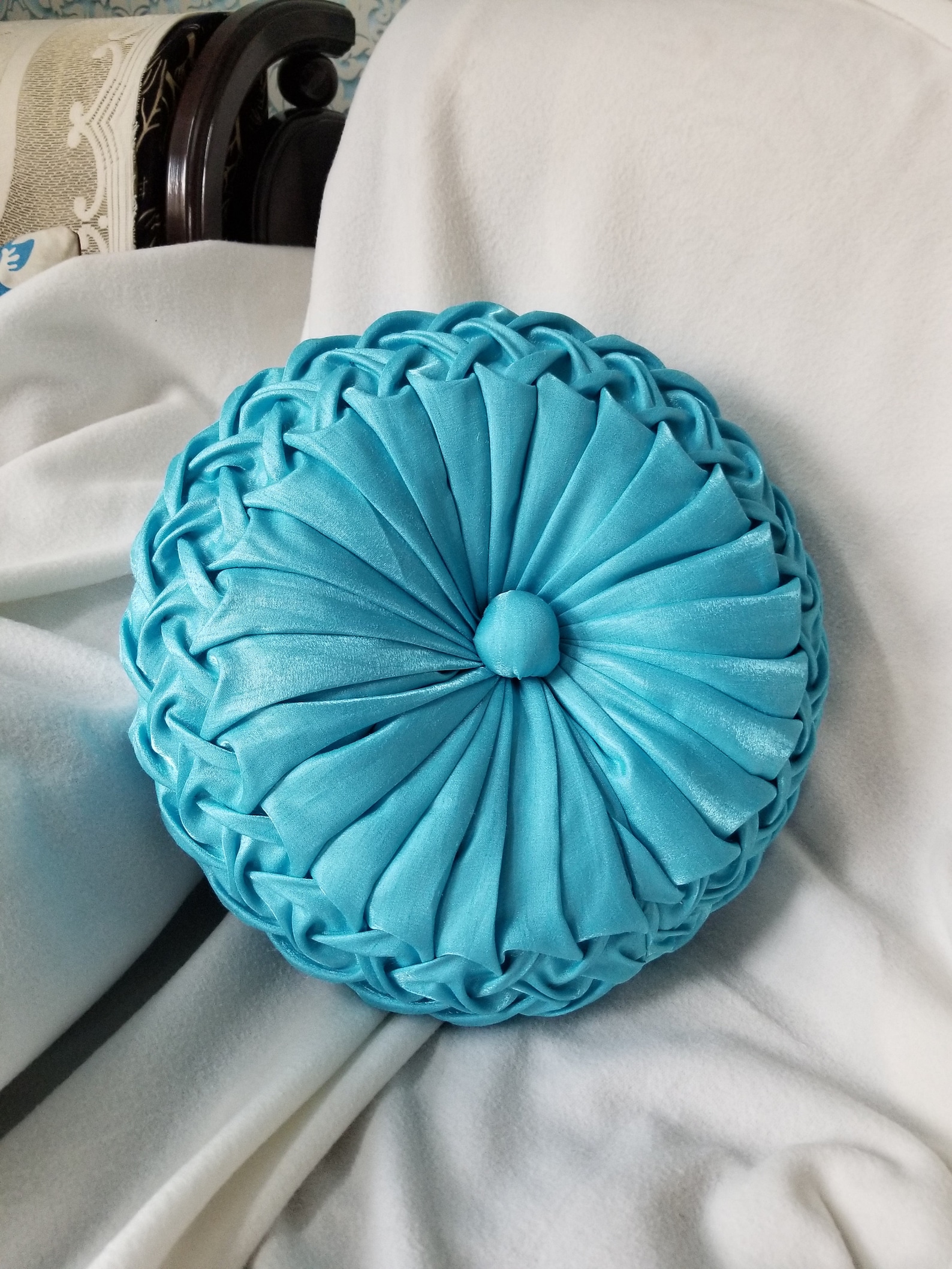 Sky Blue Round Pillow, Art Deco Pillow, Smocking Pillow, Scandinavian ...