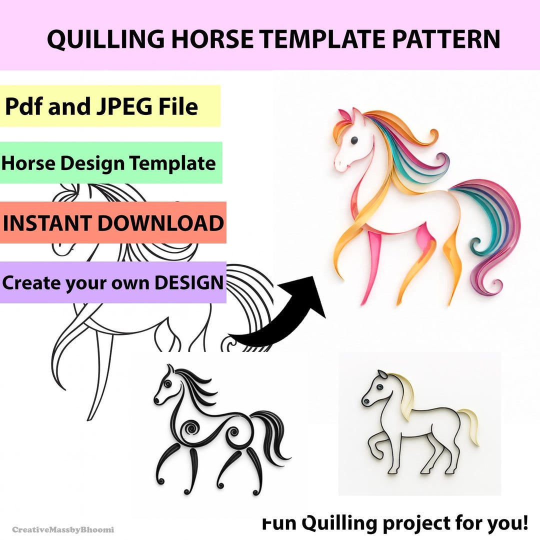 Quilling Horse Template: 3 PNG Patterns, DIY Paper Craft (PDF Guide ...