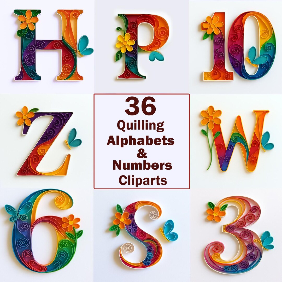 Floral Quilling Alphabets and Numbers Cliparts, Printable Art Set ...