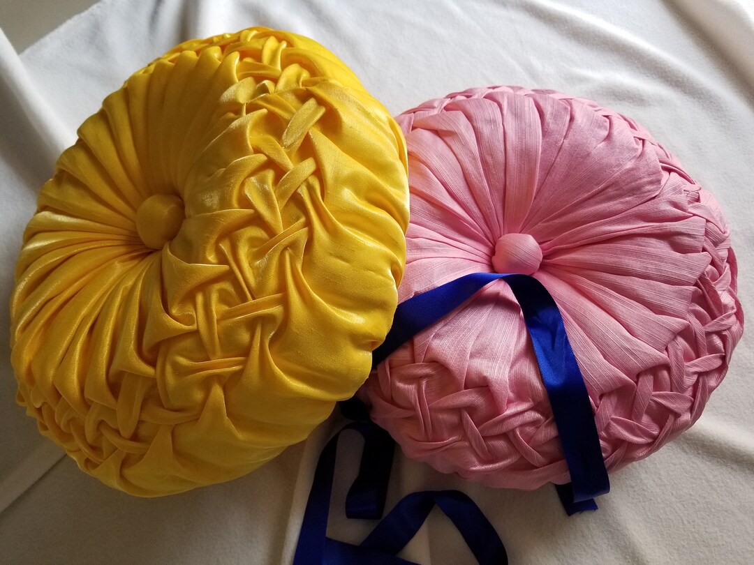 Handmade Satin Round Pillow Set: Baby Pink & Light Yellow, Decorative ...