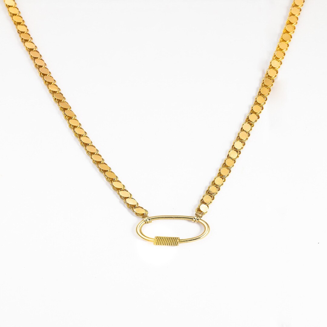 14K Solid Gold Mirror Chain Necklace With 14k Solid Gold Oval Carabiner ...