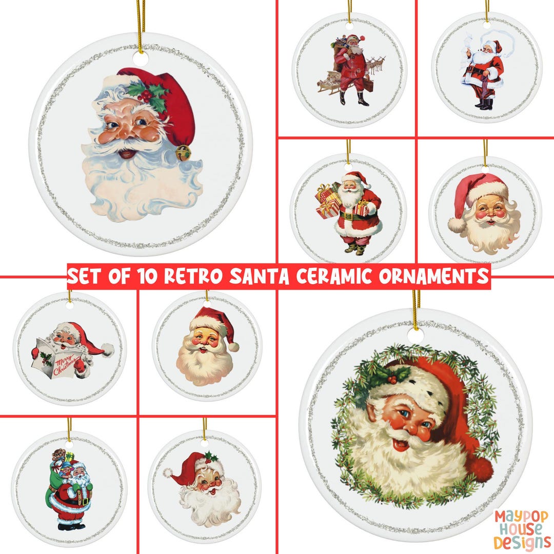 Set of 10 Retro Santa Christmas Ornaments, Vintage 1950s Design Tree ...