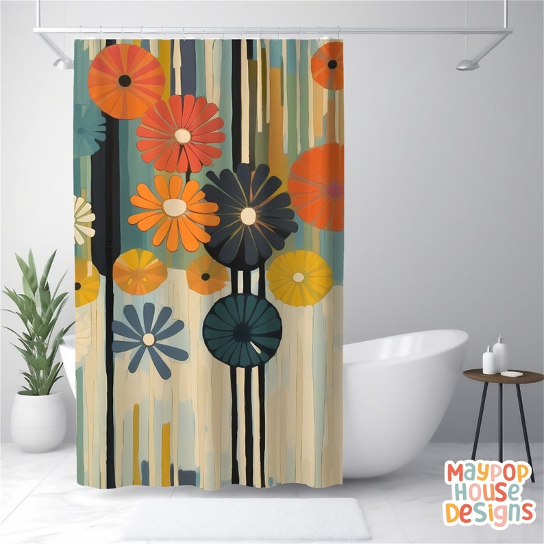 Retro Mid Century Modern Shower Curtain Orange Teal Beige Bathroom