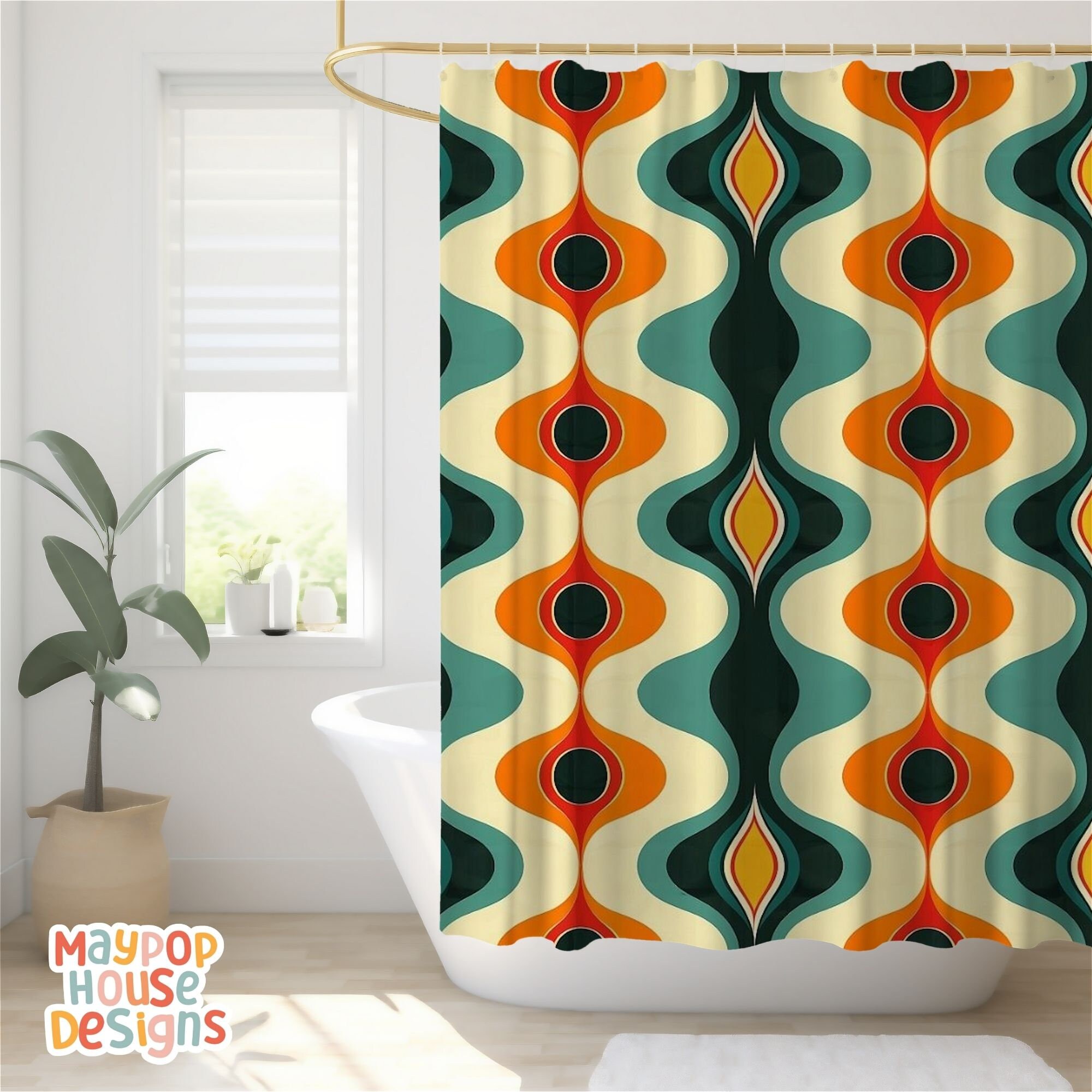 Retro Mid Century Modern Shower Curtain, Colorful Bathroom Decor ...
