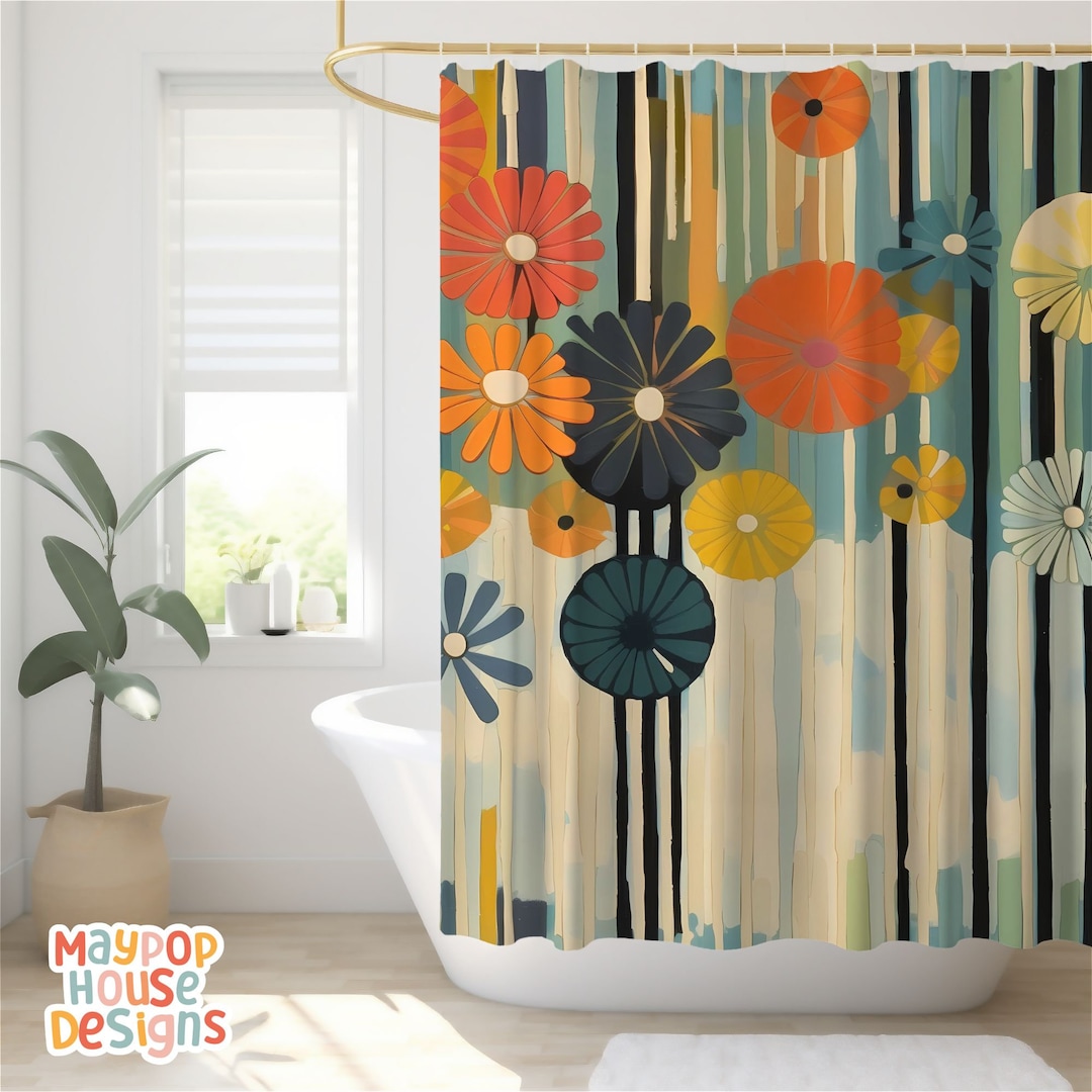 Retro Mid Century Modern Shower Curtain, Orange Teal Beige Bathroom Decor, Atomic Era Bathroom ...