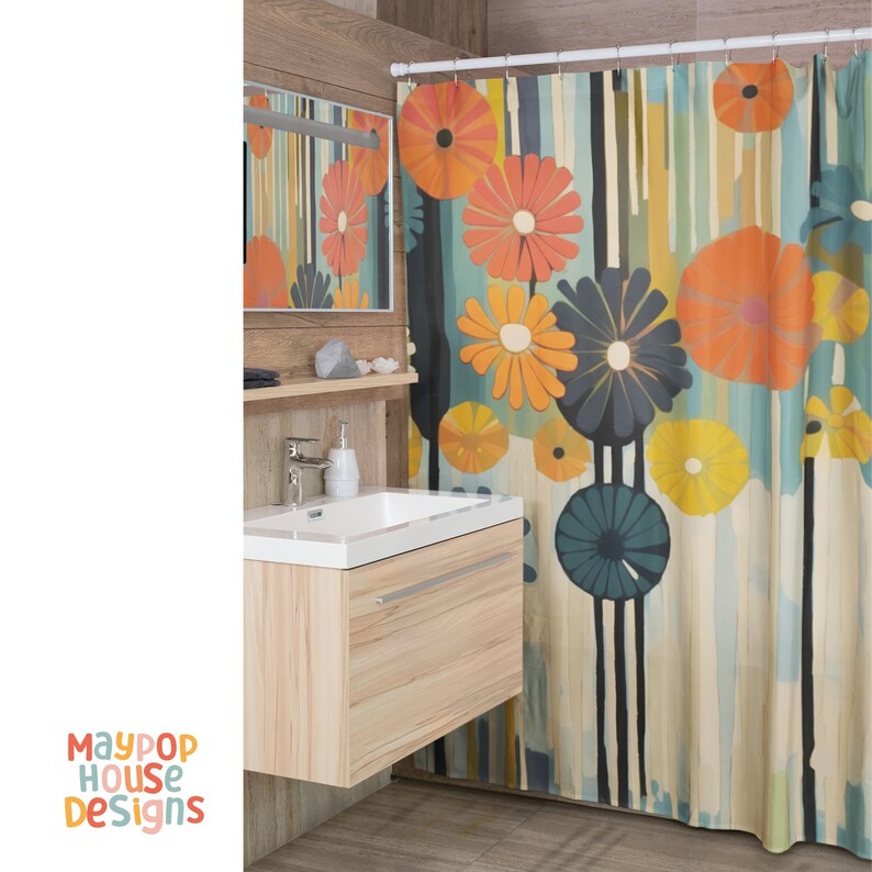 Retro Mid Century Modern Shower Curtain Orange Teal Beige Bathroom