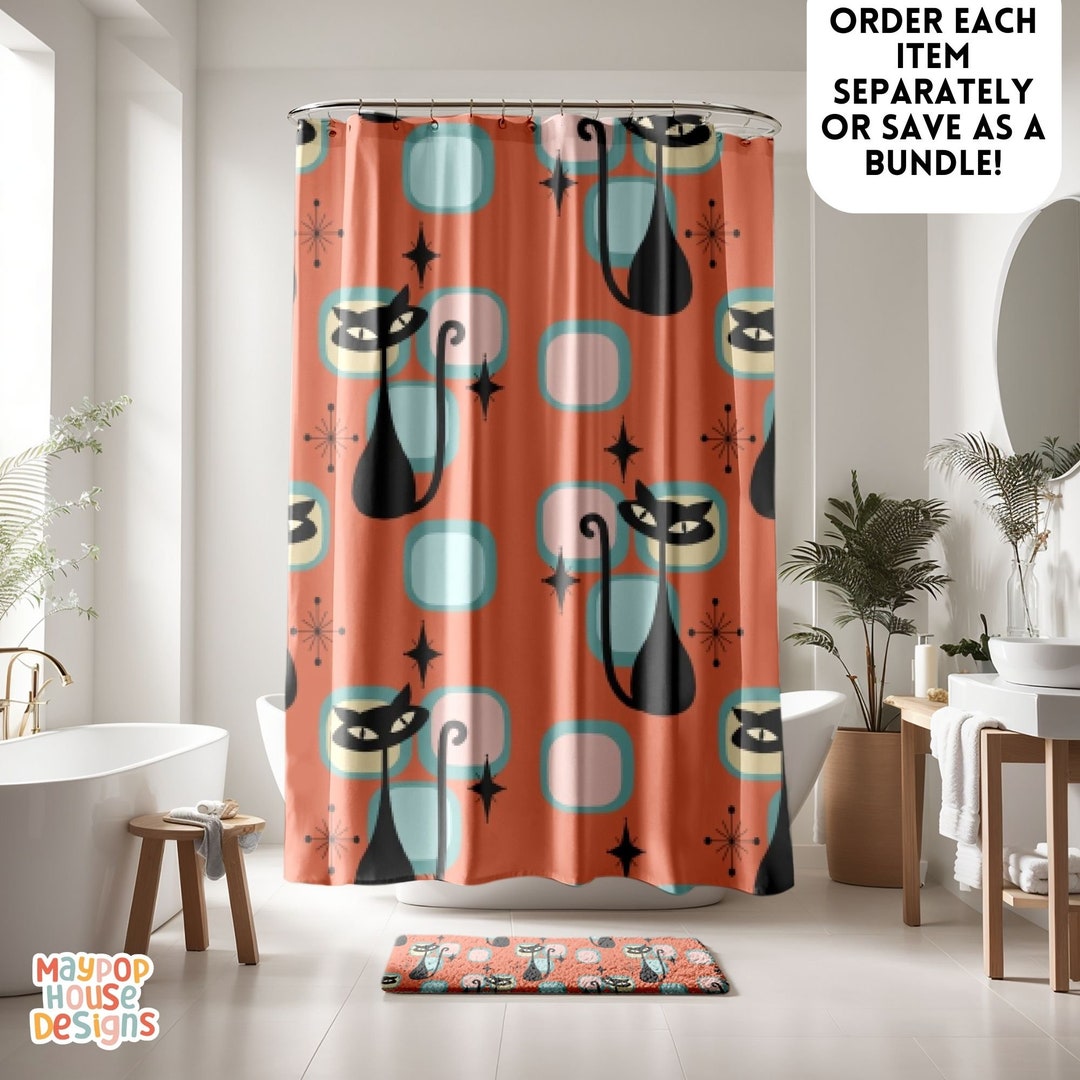 Atomic Cat Mid Century Modern Shower Curtain/bath Mat Bundle, Colorful ...