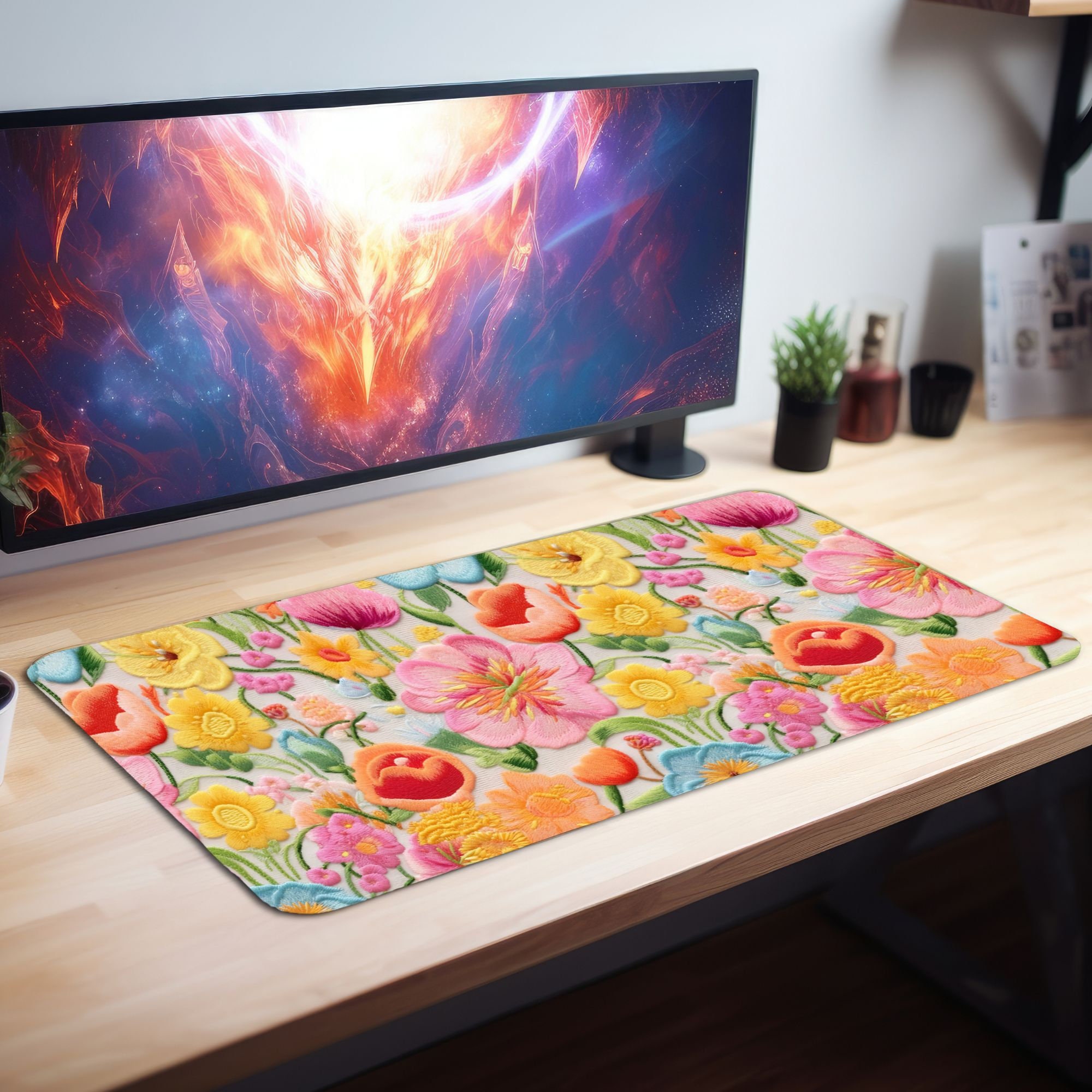 XL Floral Desk Mat, Cute Flower Desk Pad, Custom Nature Deskmat, Faux ...