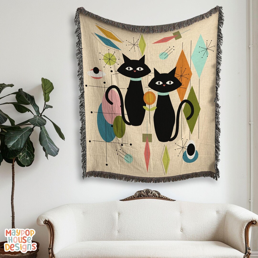 Retro Mid Century Modern Blanket, Atomic Cat Geometric Design Couch ...
