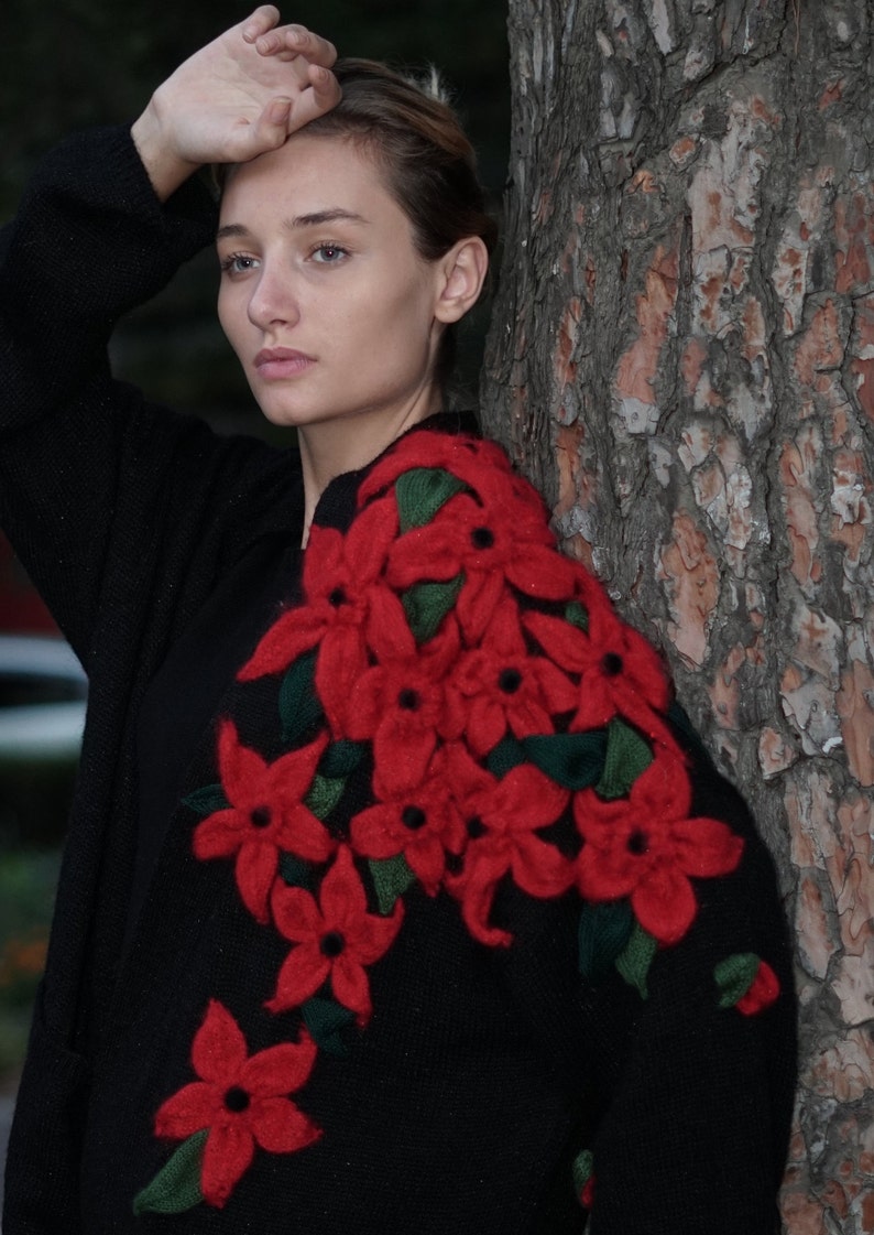 Hand Knitted Coat With Red Flowers,mohair Cardigan, Hand Knitted ...