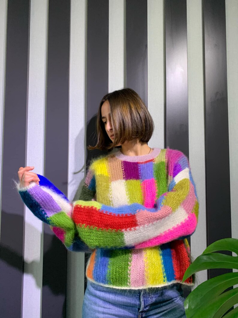 Mohair Hand Knitted Sweater Harry Styles for Women, Checkerboard Jumper ...