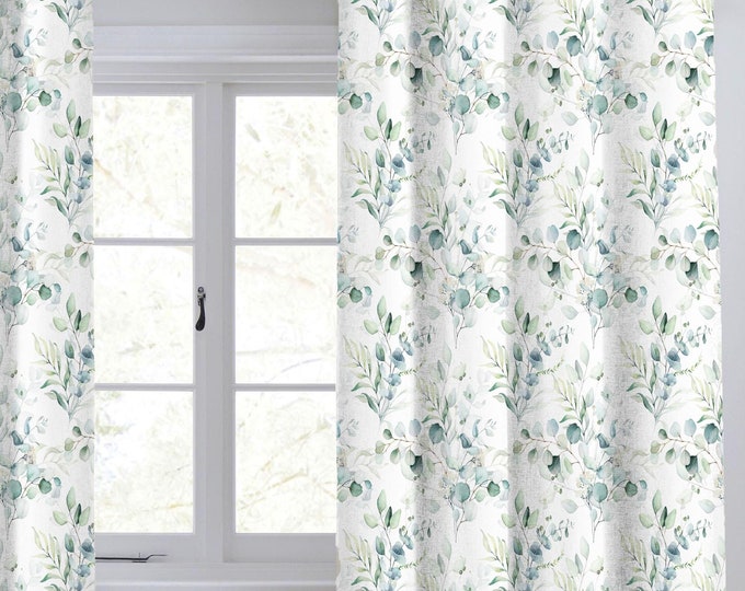 Blue Green Back Tab Curtain Watercolour Eucalyptus Print Luxury Curtain ...
