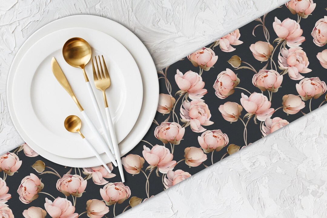 Peach Floral Table Runner, Watercolor Canvas Fabric, Custom Size TR394 ...