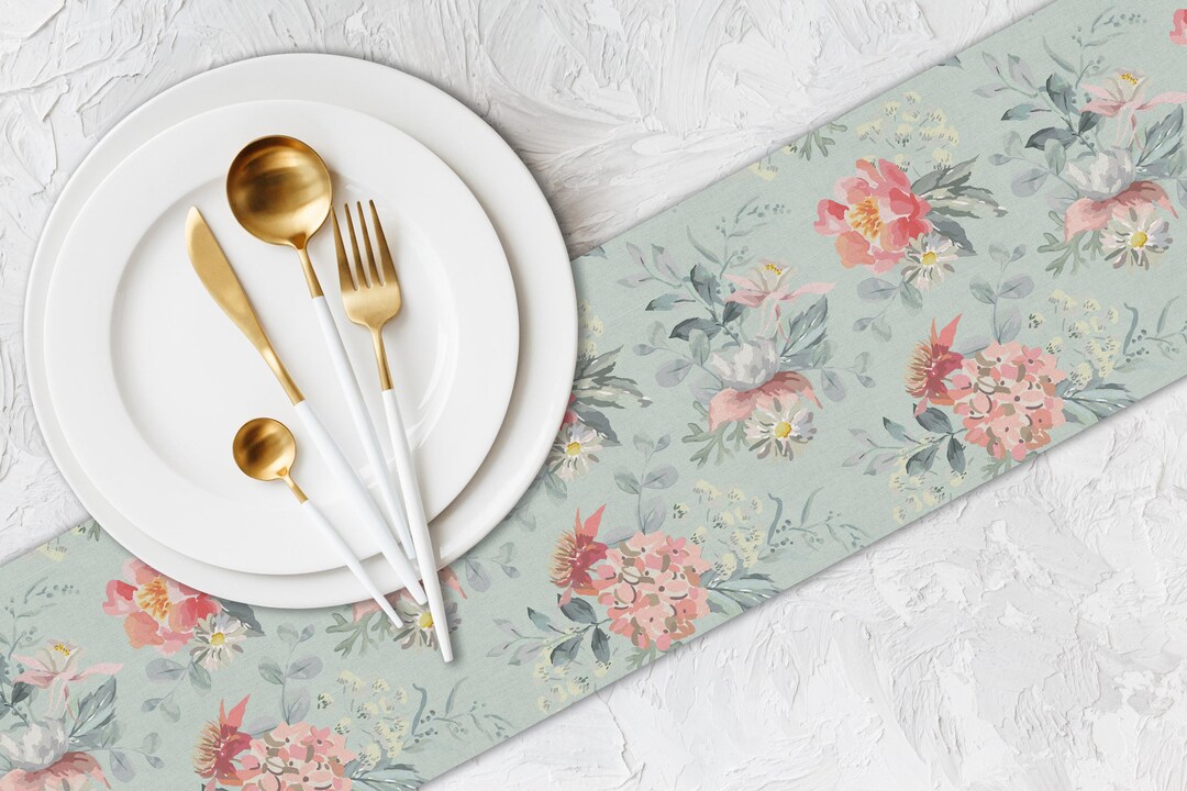Green Floral Watercolour Table Runner, Canvas Fabric TR363 - Etsy