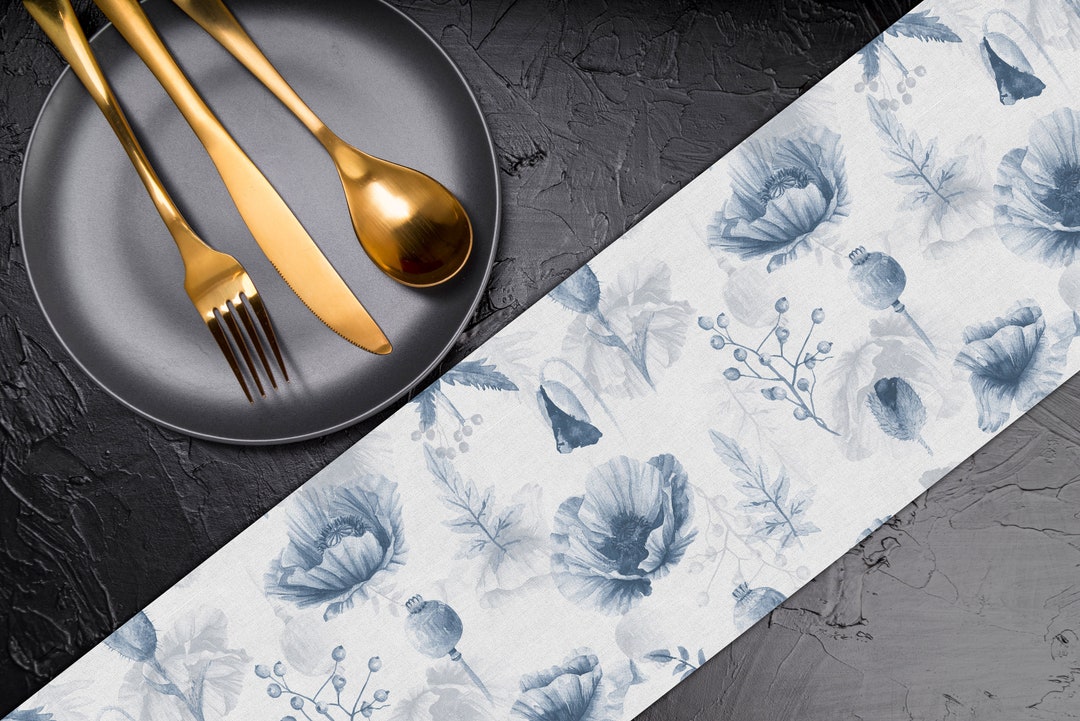 Blue Watercolour Floral Pattern Table Runner Canvas Fabric Custom Table ...