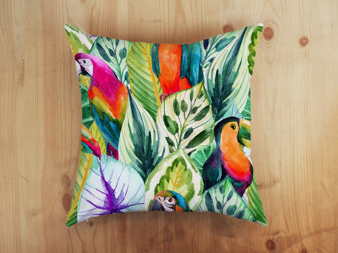 Watercolour Colorful Tropical Parrot Decorative Pillow Cover | Etsy