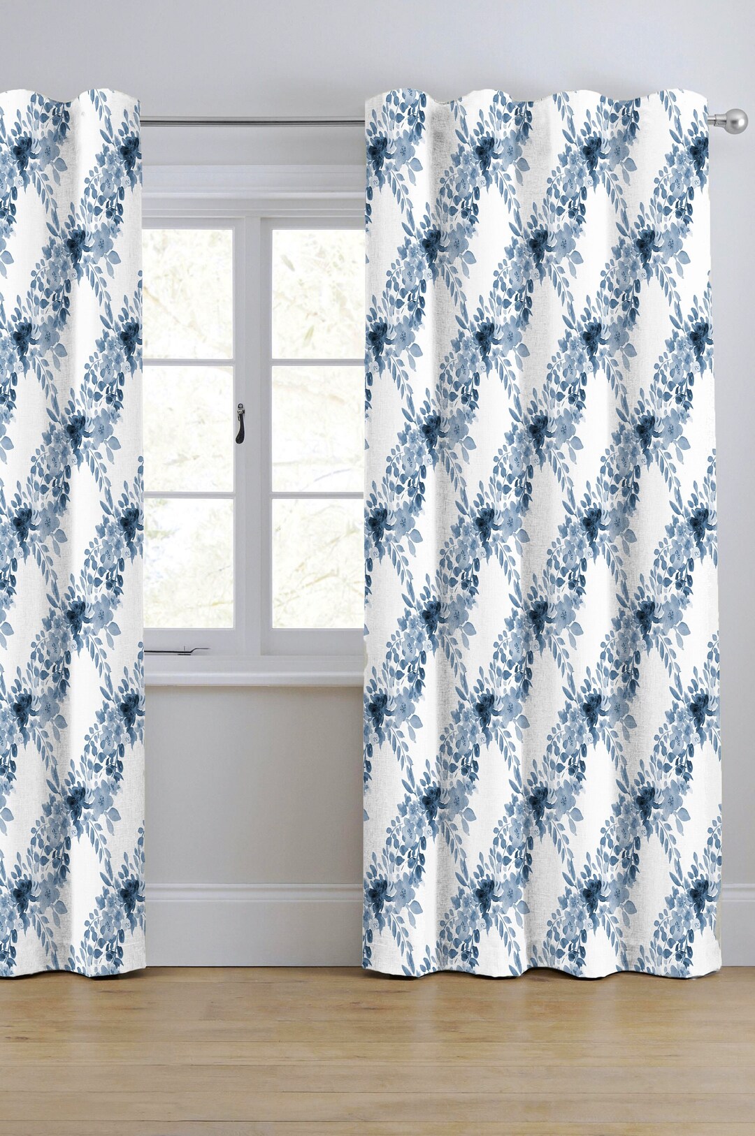 Blue Watercolour Floral Pattern Window Curtain Blue and White Floral ...