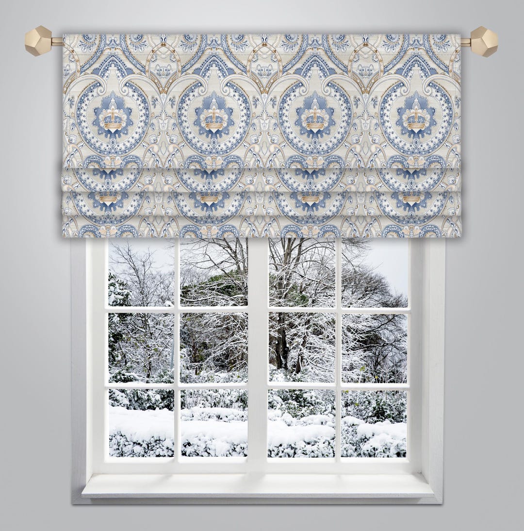 Beige Blue Faux Roman Valance Watercolour Ornamental Pattern Canvas ...