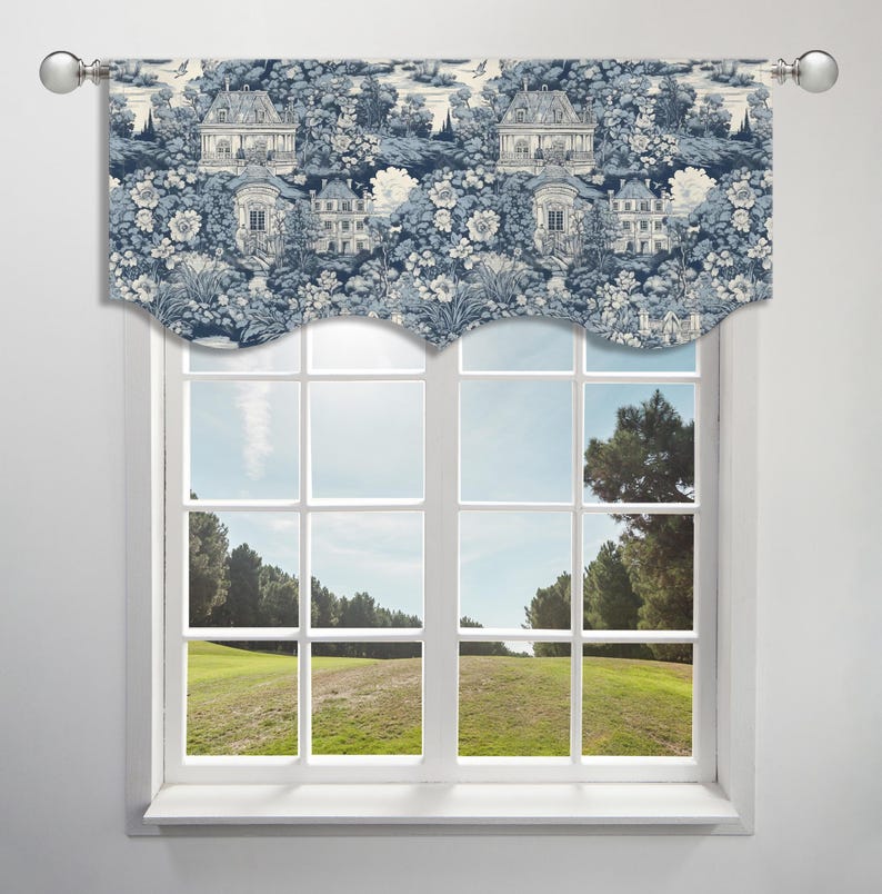 Blue Toile Scallop Valance, Watercolour French Country Fabric VL411C - Etsy