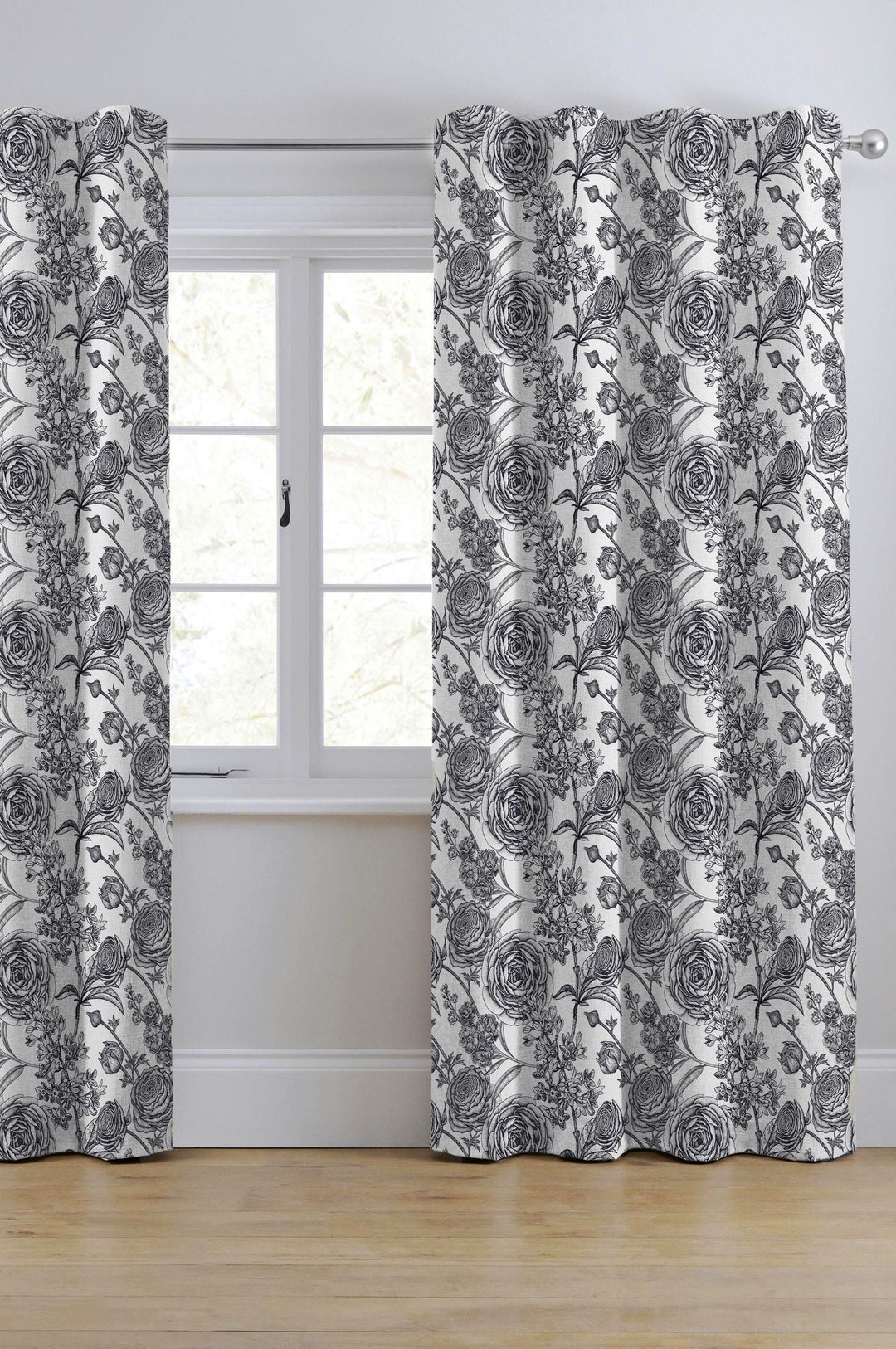 Black and White Backtab Curtain Watercolour Floral Print Luxury Curtain ...