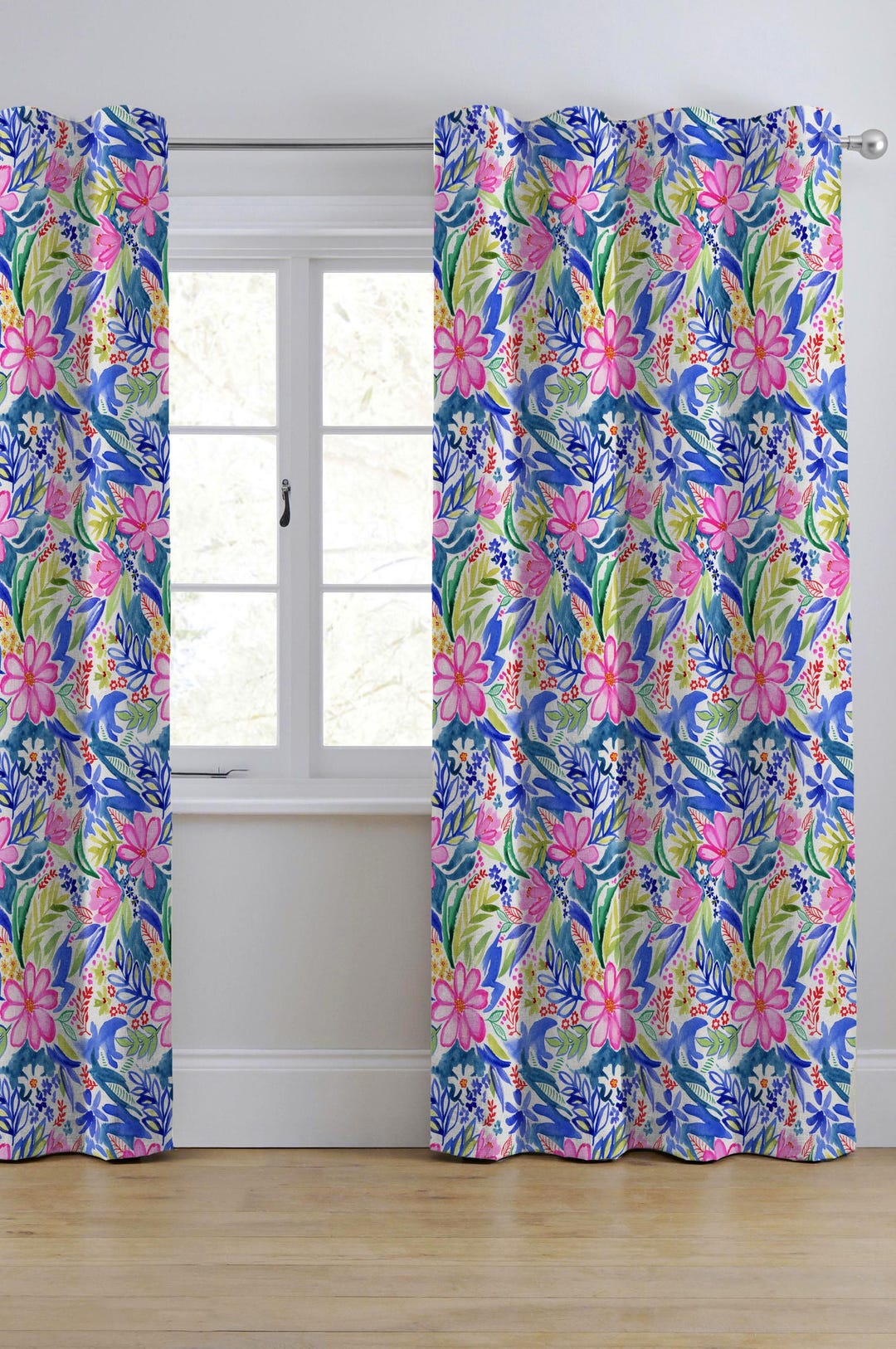Blue Pink Back Tab Curtain Watercolour Floral Pattern Print Luxury ...